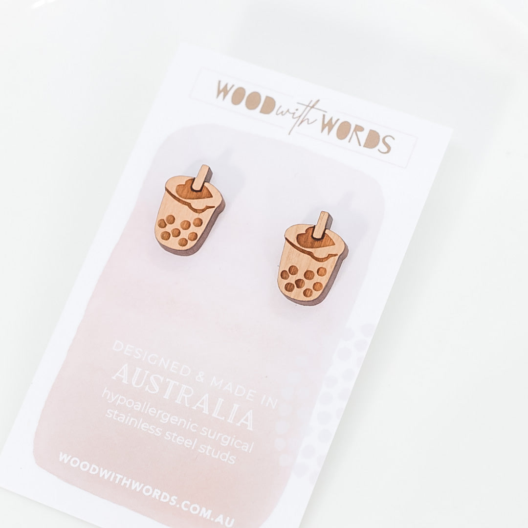 Bubble Tea Wooden Stud Earrings – Wood With Words
